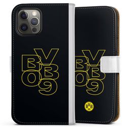 DeinDesign iPhone 12 Pro Max Handy Klapph&uuml;lle Handyh&uuml;lle aus Kunst Leder wei&szlig; Flip Case Bvb Lettering Official Licensed Product Sideflip mit Lasche