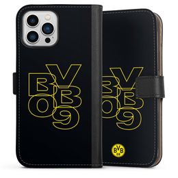 DeinDesign iPhone 13 Pro Max Handy Klapph&uuml;lle Handyh&uuml;lle aus Kunst Leder schwarz Flip Case Bvb Lettering Official Licensed Product Sideflip mit langer Lasche