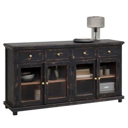 Ambia Home Sideboard, Schwarz, Metall, Akazie, vollmassiv, Used look, 4 F&auml;cher, 4 Schublade(n) Schubladen, 160x85x42 cm, Typenauswahl, Beim&ouml;bel erh&auml;ltlich, stehend, Holzm&ouml;bel, Kleinm&ouml;bel Holz, Holzkommoden, Sideboards Holz