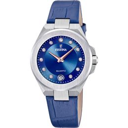 Festina Damen Quarzuhr &raquo;Mademoiselle&laquo; Armbanduhr, Damenuhr, Lederarmband, analog, Tag, Zirkonia (synth.) blau