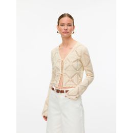 V&eacute;ro Moda Strickjacke VERO MODA "VMLOLA LS V-NECK BOW CARDIGAN NOOS", Damen, Gr. XS, birch, Strick, Obermaterial: 100% Baumwolle, unifarben, regular fit kurz, V-Ausschnitt, Strickjacken Strickjacke, Baumwolle, regular fit