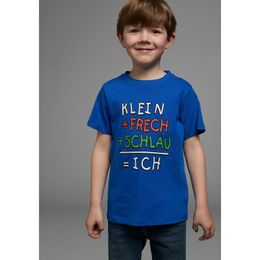 Kidsworld Jungen Kidsworld T-Shirt &raquo;Mit Spruch: KLEIN+FRECH+SCHLAU...&laquo; Kurzarm, Basic-Passform, bedruckt, Rundhalsausschnitt blau 104/110