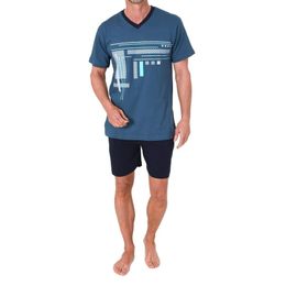 Normann Shorty Schlafanzug kurzarm Pyjama Frontprint &Uuml;bergr&ouml;sen in blau | Gr.: 50