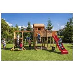Spielturm Fungoo "My SPACE_XL Spider+", braun (rot), Spielt&uuml;rme, KinderB:505cm H:305cm T:490cm, Holz, Metall, Polyethylen, mit Schaukel & Rutsche, Klettererweiterung, Spielhaus, B:505cm H:305cm T:490cm