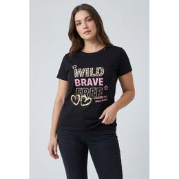 Zwillingsherz Damen T-Shirt &raquo;"Wild Brave Free"&laquo; Leo-Muster, Pailletten, Kurzarm, Rundhalsausschnitt, Schriftz&uuml;ge schwarz L/XL (L/XL)