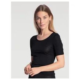 Kurzarmshirt Calida "True Confidence", Damen, Gr. L (48/50), schwarz, Rippware, Obermaterial: 70% Schurwolle, 30% Seide, unifarben, Basic h&uuml;ftbedeckend, tiefer Rundhals, Shirts, Satinbandeinfassung, Rundhalsausschnitt, Kurzarm