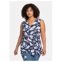 Longtop sheego BY JOE BROWNS, Damen, Gr. 50, blau (blau bedruckt), 95% Viskose, 5% Elasthan, Spitze:100% Baumwolle, gebl&uuml;mt, gemustert, V-Ausschnitt, Tops