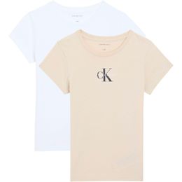 T-Shirt Calvin Klein Jeans "2-PACK TEE", M&auml;dchen, Gr. 16 (176), oatmeal, wei&szlig;, Single Jersey, Obermaterial: 100% Baumwolle, unifarben, regular fit normal, Rundhals, eingesetzt abgesteppte Kante, Shirts T-Shirt, Regular fit mit Markenlogo