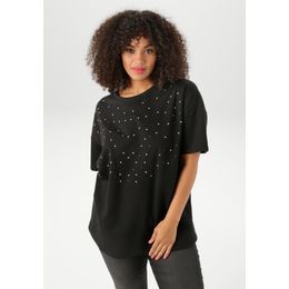 Kurzarmshirt ANISTON PLUS, Damen, Gr. 44, schwarz, angeraute Sweatware, Obermaterial: 80% Baumwolle, 20% Polyester, unifarben, oversize Po-bedeckend, Rundhals, Shirts, mit Nieten Applikation verziert