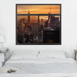 3D Wandtattoo Fenster Schwarz Manhattan Skyline Abendstimmung Fenster Wandsticker 3D-Optik Wandaufkleber Fenster Ausblick in S-XXL 3D-Effekt