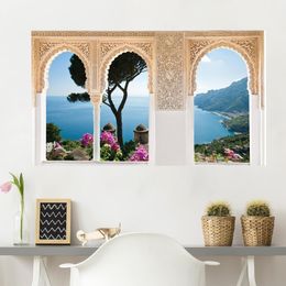 3D Wandtattoo Verzierte Fenster Ausblick vom Garten aufs Meer Fenster Wandsticker 3D-Optik Wandaufkleber Fenster Ausblick in S-XXL 3D-Effekt