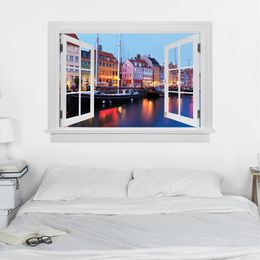 3D Wandtattoo Offenes Fenster Kopenhagener Hafen am Abend Fenster Wandsticker 3D-Optik Wandaufkleber Fenster Ausblick in S-XXL 3D-Effekt