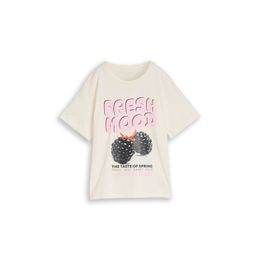 T-Shirt Tom Tailor, M&auml;dchen, Gr. 152, beige (wool wei&szlig;), Jersey, Obermaterial: 100% Baumwolle, bedruckt, oversize normal, Rundhals, gerader Abschluss, Shirts T-Shirt, mit Print