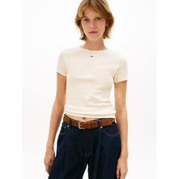 Kurzarmshirt Tommy Jeans "TJW ESSENTIAL RIB SHORT SLEEVE EXT", Damen, Gr. XXXL(46), almost gelb, Single Jersey, Obermaterial: 95% Baumwolle, 5% Elasthan, unifarben, slim fit h&uuml;ftlang, Rundhals, abgesteppte Kante, Shirts, Baumwollmischung in gerippter Struktur, Slim Fit