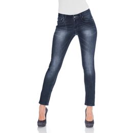 R&ouml;hrenjeans Heine, Damen, Gr. 42, Normalgr&ouml;&szlig;en, blau (blau denim), 95% Baumwolle, 3% Polyester, 2% Elasthan, Miedereinsatz:15% Elasthan, 85% Polyamid, unifarben, lang, Jeans