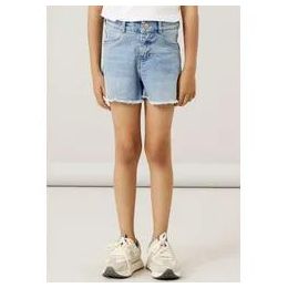 Shorts name it "NKFROSE HW MOM DNM SHORT", M&auml;dchen, Gr. 122, N-Gr, medium blau, Denim/Jeans, Obermaterial: 80% Baumwolle, 18% Polyester, 2% Elasthan, unifarben, regular fit kurz, Hosen Shorts, Baumwollmischung, ausgefranster Saum, verstellbarer High Waist Bund