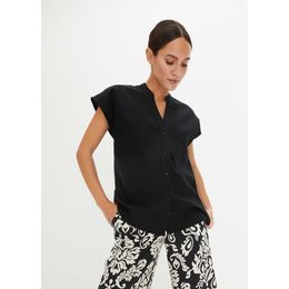 bonprix Kurzarmbluse aus luftigem Leinen-Mix, schwarz, Gr.38, Sommerliche Bluse mit verdeckter Knopfleiste