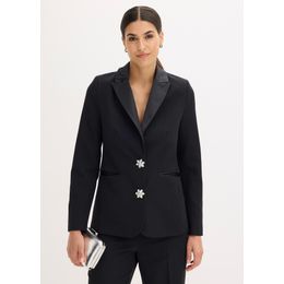 bonprix Blazer mit Schmuckkn&ouml;pfen, schwarz, Gr.48, Modern und feminin: Blazer mit gl&auml;nzendem Satinkragen und Schmuckkn&ouml;pfen
