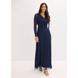 bonprix Abendkleid aus zartem T&uuml;ll mit Steinapplikation, blau, Gr.54, Klassisches Abendkleid aus zartem T&uuml;ll in Wickel-Optik mit Kr&auml;useln und einer Schmuckapplikation an der Taille