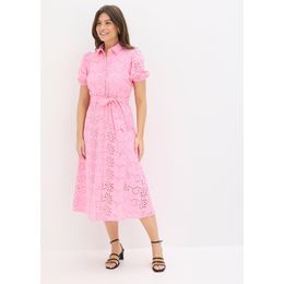 bonprix Lochstickerei-Blusenkleid aus reiner Baumwolle, rosa, Gr.52, feminines Lochstickerei-Blusenkleid aus reiner Baumwolle mit Bindeband in der Taille und Puff&auml;rmeln, aus 100% Baumwolle