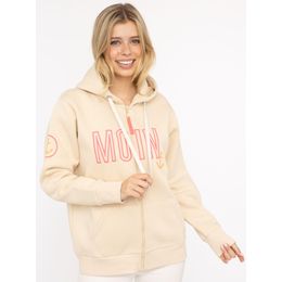 Kapuzensweatjacke Zwillingsherz "Maritim", Damen, Gr. L/XL, beige, angeraute Sweatware, Obermaterial: 50% Baumwolle, 50% Polyester, Sweatjacken, mit gesticktem MOIN und Anker Logo und Rei&szlig;verschluss