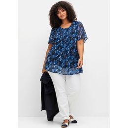 Longbluse sheego, Damen, Gr. 48/50, blau (marine, gemustert), 100% Polyester, gebl&uuml;mt, gemustert, Rundhals, Blusen Longbluse