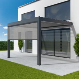 Pergola mit Seitenwand, Anbaupergola mit Zip-Screen vorne, Aluminium, Anthrazitgrau, 1000x1600 mm, individuell konfigurieren