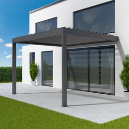 Pergola mit Lamellendach in Grau, Lamellenpergola aus Aluminium, 2 Pfosten, Anthrazitgrau Metallic Feinstruktur, nach Ma&szlig;