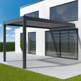 Pergola 4x5 m, elektrisch, mit Motor, Anbaupergola aus Aluminium, Anthrazitgrau RAL 7016, 4000x5000 mm