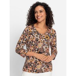 3/4-Arm-Shirt Inspirationen "3/4-Arm-Shirt", Damen, Gr. 40, schwarz (schwarz, papaya, bedruckt), 95% Viskose, 5% Elasthan, bedruckt, gebl&uuml;mt, gemustert, mehrfarbig, V-Ausschnitt, Shirts 3/4-Arm-Shirt