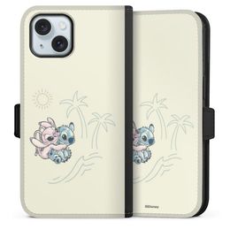 DeinDesign iPhone 15 Handy Klapph&uuml;lle Handyh&uuml;lle aus Kunst Leder schwarz Flip Case Angel Disney Lilo & Stitch Sideflip mit Lasche