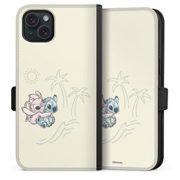 DeinDesign iPhone 15 Plus Handy Klapph&uuml;lle Handyh&uuml;lle aus Kunst Leder schwarz Flip Case Angel Disney Lilo & Stitch Sideflip mit Lasche