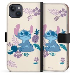 DeinDesign iPhone 14 Plus Handy Klapph&uuml;lle Handyh&uuml;lle aus Kunst Leder schwarz Flip Case Flowers Lilo & Stitch Official Licensed Product Sideflip mit langer 