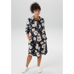 Blusenkleid ANISTON PLUS, Damen, Gr. 44, N-Gr, marine, sanftes wei&szlig;, blau, apricot, Web, Obermaterial: 100% Viskose, bedruckt, gebl&uuml;mt, figurumspielend kniebedeckend, hoch geschlossener Ausschnitt, 1-Knopf-Manschette, Kleider Blusenkleid, mit seitlichen Eingrifftaschen