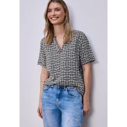 Klassische Bluse Street One, Damen, Gr. 34, shadowed navy, Stoff, 100% Viskose, Minimalmuster, klassisch normal, V-Ausschnitt, B&uuml;ndchen, Blusen Bluse, mit Turn-Up Funktion