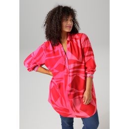 Longbluse ANISTON PLUS, Damen, Gr. 46, pink (pink, rose), Web, Obermaterial: 100% Viskose (LENZING&trade; ECOVERO&trade;), bedruckt, gemustert, l&auml;ssig geschnitten, V-Ausschnitt, 1-Knopf-Manschette, Blusen Longbluse, mit farbenfrohem, gro&szlig;fl&auml;chigem Druck