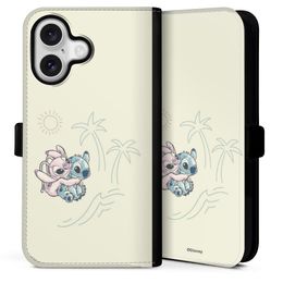 DeinDesign iPhone 16 Handy Klapph&uuml;lle Handyh&uuml;lle aus Kunst Leder schwarz Flip Case Angel Disney Lilo & Stitch Sideflip mit Lasche