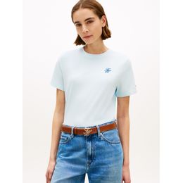 Kurzarmshirt Tommy Hilfiger "TH SCRIPT REGULAR C-NECK SHORT SLEEVE TEE", Damen, Gr. L (42/44), keepsake blau, Single Jersey, Obermaterial: 95% Baumwolle, 5% Elasthan, unifarben, gerade normal, Rundhals, abgesteppte Kante, Shirts Kurzarmshirt