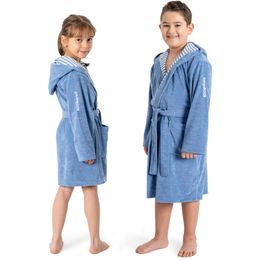 Kinderbademantel Kangaroos "Dalia, Ideal f&uuml;r Zuhause, Schwimmbad oder im Urlaub" Gr. 104, blau, L:61cm, Veloursfrottier, Hausm&auml;ntel, Kinderbademantel, Uni-Farben mit Streifen