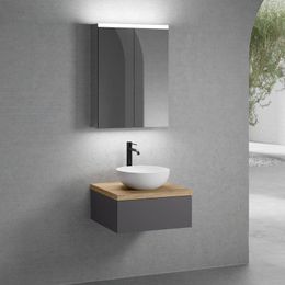 neoro n50 Unterschrank B: 60 cm mit 1 Auszug, Waschtisch &Oslash; 40 cm wei&szlig; matt, mit Spiegelschrank,, BN0064WM+BN0411GR+BN0401W1+BN0472MI,