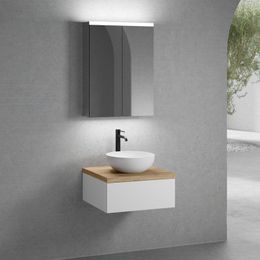 neoro n50 Unterschrank B: 60 cm mit 1 Auszug, Waschtisch &Oslash; 40 cm wei&szlig; matt, mit Spiegelschrank,, BN0064WM+BN0411WM+BN0401W1+BN0472MI,