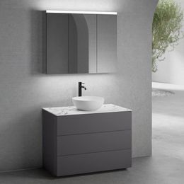neoro n50 Unterschrank B: 100 cm mit 3 Ausz&uuml;gen, Waschtisch &Oslash; 40 cm wei&szlig; matt, mit Spiegelschrank,, BN0064WM+BN0453GR+BN0403C1+BN0474MI,