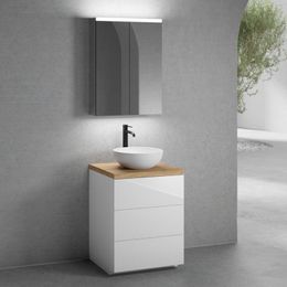 neoro n50 Unterschrank B: 60 cm mit 3 Ausz&uuml;gen, Waschtisch &Oslash; 40 cm wei&szlig; matt, mit Spiegelschrank,, BN0064WM+BN0451WH+BN0401W1+BN0472MI,