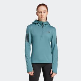 Laufshirt adidas Performance "OWN THE RUN WINTERIZED HOODIE MIT HALBEM REISSVERSCHLUSS", Damen, Gr. L, preloved teal, Obermaterial: 88% Polyester, 12% Elasthan, normal, ohne Ausschnitt, Shirts Laufshirt