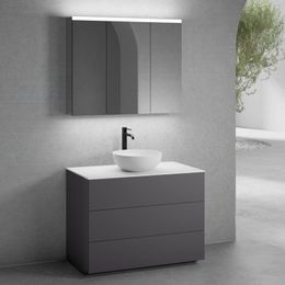 neoro n50 Unterschrank B: 100 cm mit 3 Ausz&uuml;gen, Waschtisch &Oslash; 40 cm wei&szlig; matt, mit Spiegelschrank,, BN0064WM+BN0453GR+BN0403WH+BN0474MI,