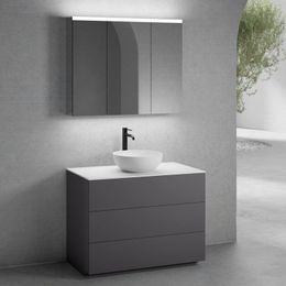 neoro n50 Unterschrank B: 100 cm mit 3 Ausz&uuml;gen, Waschtisch &Oslash; 40 cm wei&szlig; matt, mit Spiegelschrank,, BN0064WM+BN0453GR+BN0403WM+BN0474MI,