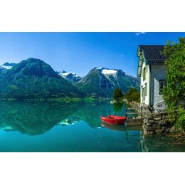 Fototapete papermoon "Photo-Art CHRISTER OLSEN, HAUS AM GLETSCHERSEE", bunt, B:4m L:2,6m, Vlies, Tapeten