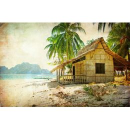 Fototapete papermoon "PALMEN-STRAND-RETRO VINTAGE KARIBIK S&Uuml;DSEE MEER D&Uuml;NEN", bunt, B:5m L:2,8m, Vlies, Tapeten
