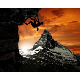 Fototapete papermoon "GEBIRGE-SEE-BERGE WALD HIMMEL MATTERHORN BERGSTEIGER", bunt, B:3,5m L:2,6m, Vlies, Tapeten