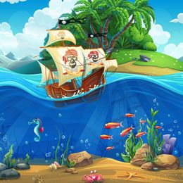 Fototapete papermoon "PIRATENSCHIFFE-PALMEN FISCHE MEER ABSTRAKT DESIGN DEKO", bunt, B:2,5m L:1,86m, Vlies, Tapeten